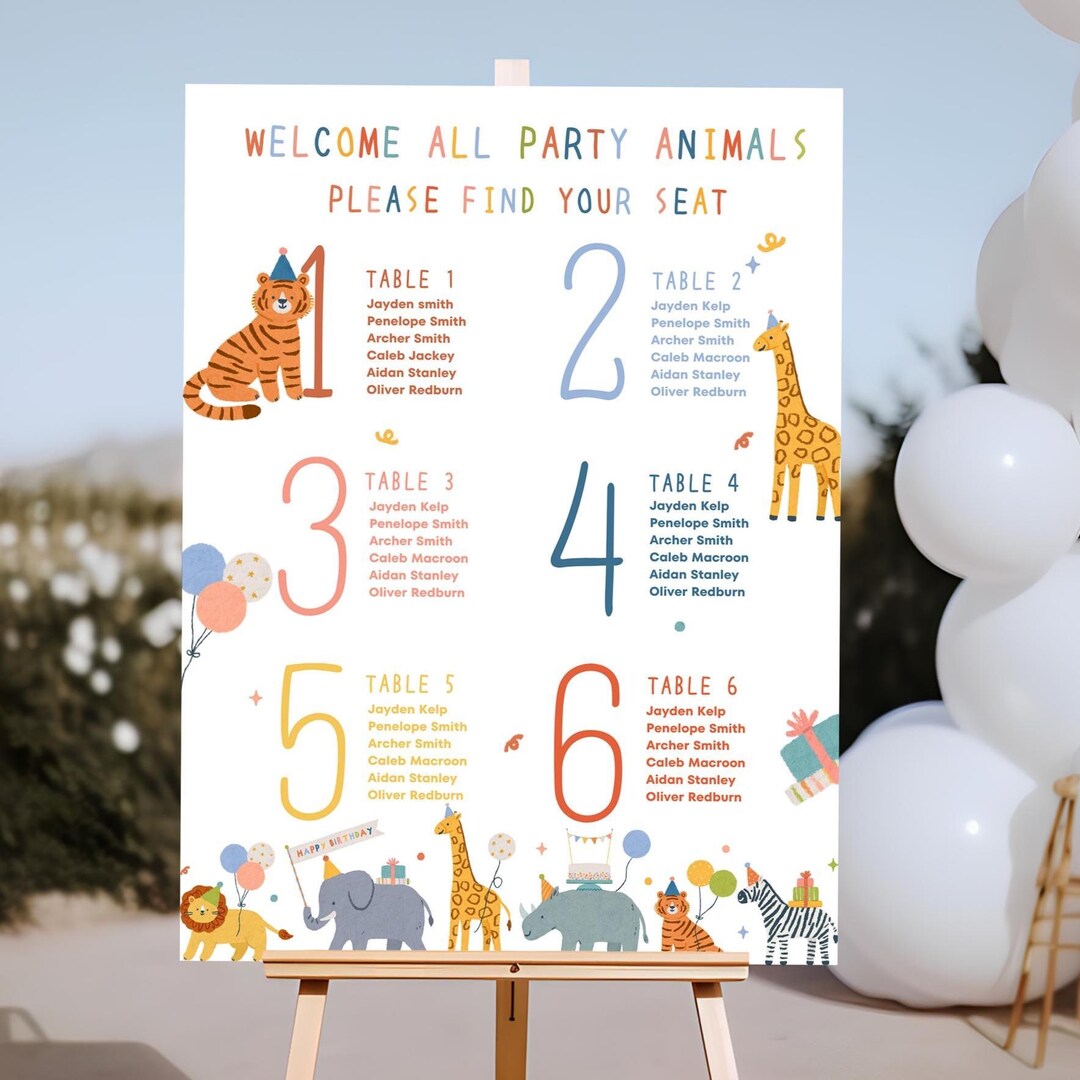 Party Animals | Birthday Seating Chart | Safari Animals Birthday ...