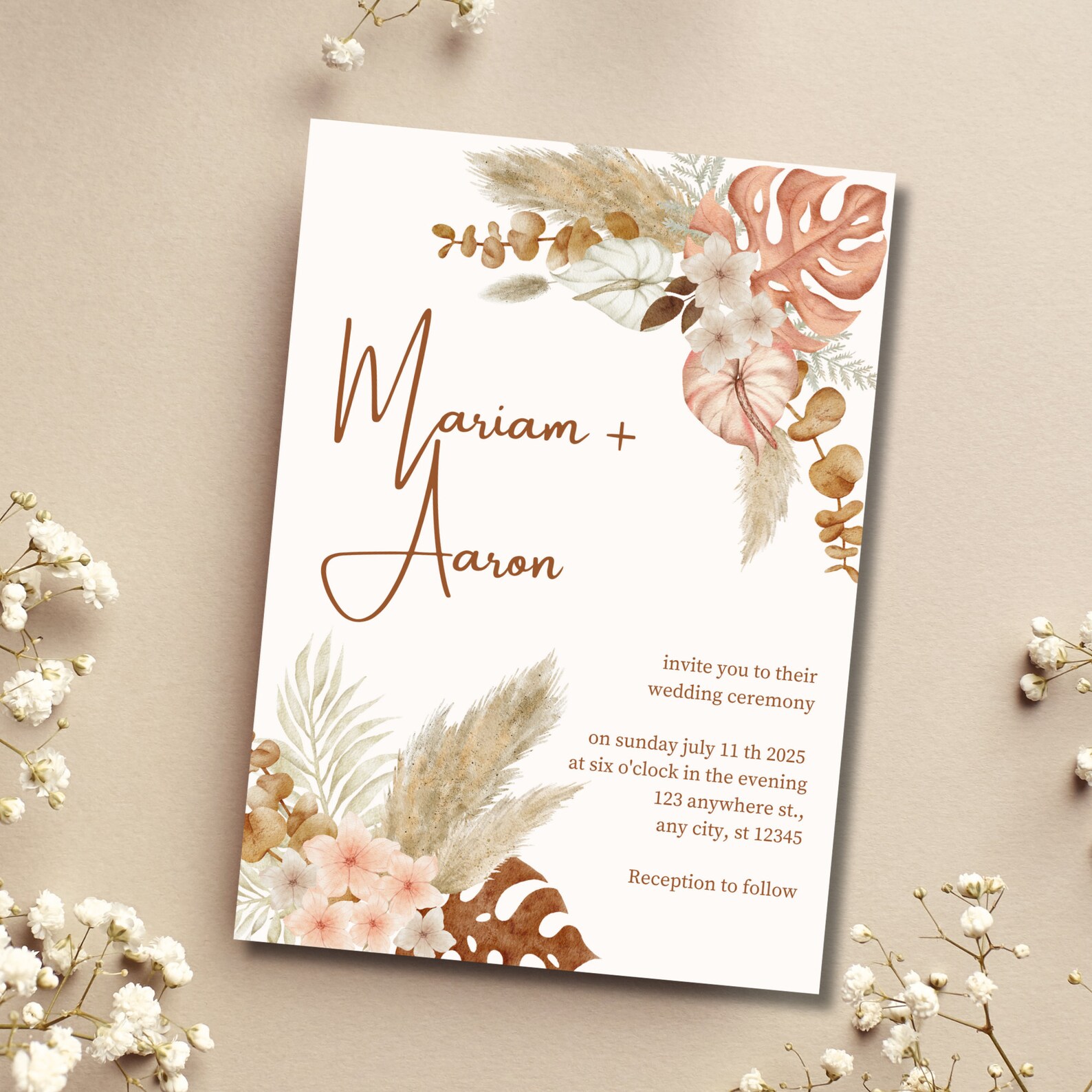 Bohemian Wedding Invitation, Pampus Grass Invite, Boho Tropical ...
