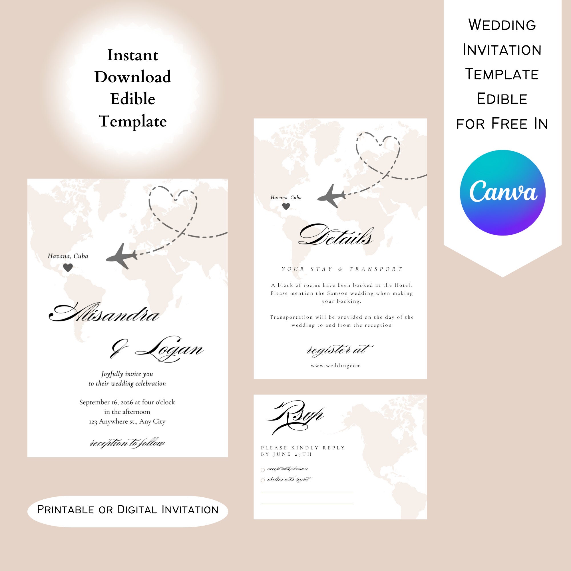 Destination Wedding Invitation, World Map Invitation, Island Wedding ...