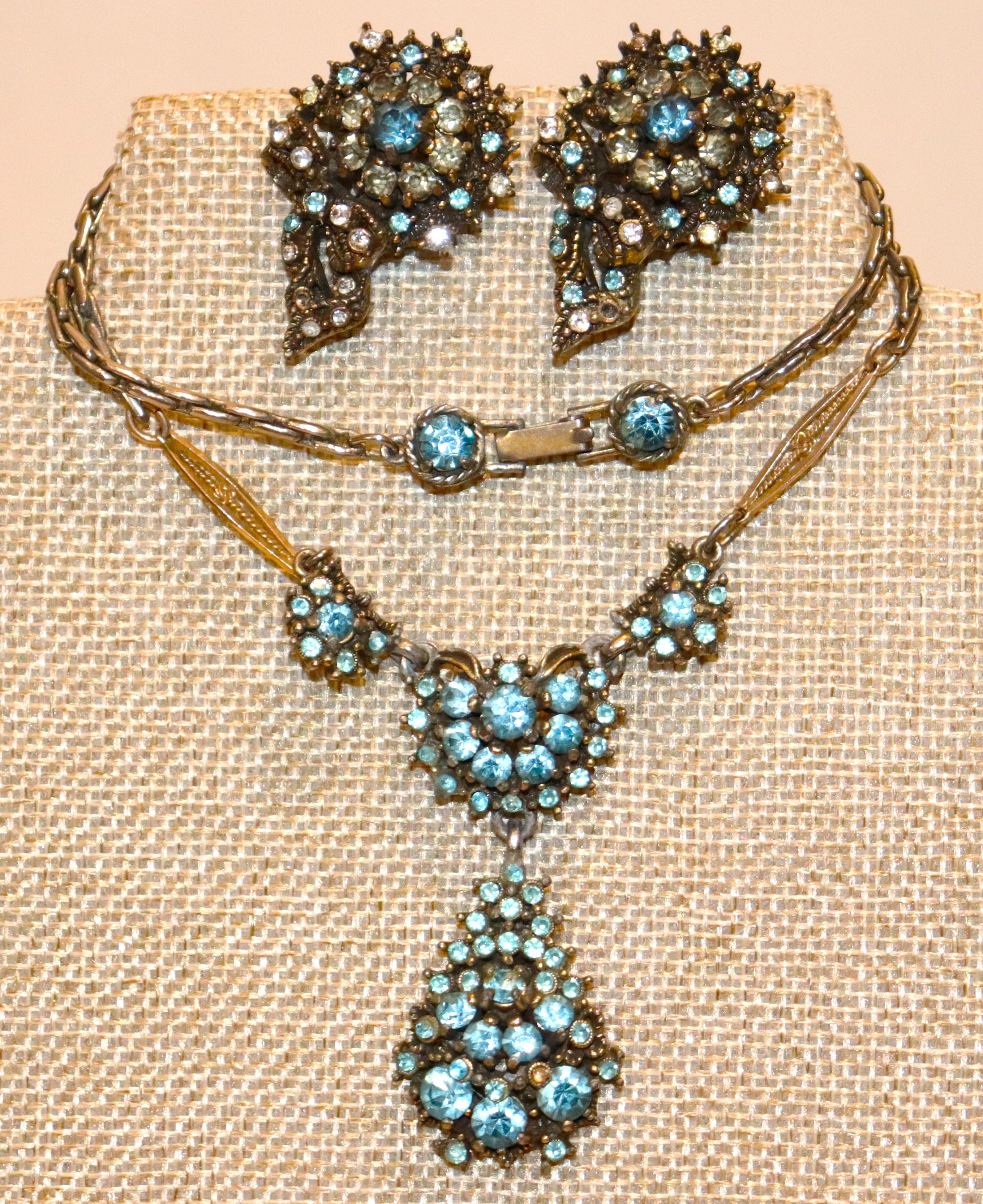 Hollycraft COPR. 1950 Baby Blue Rhinestone Necklace and Matching ...