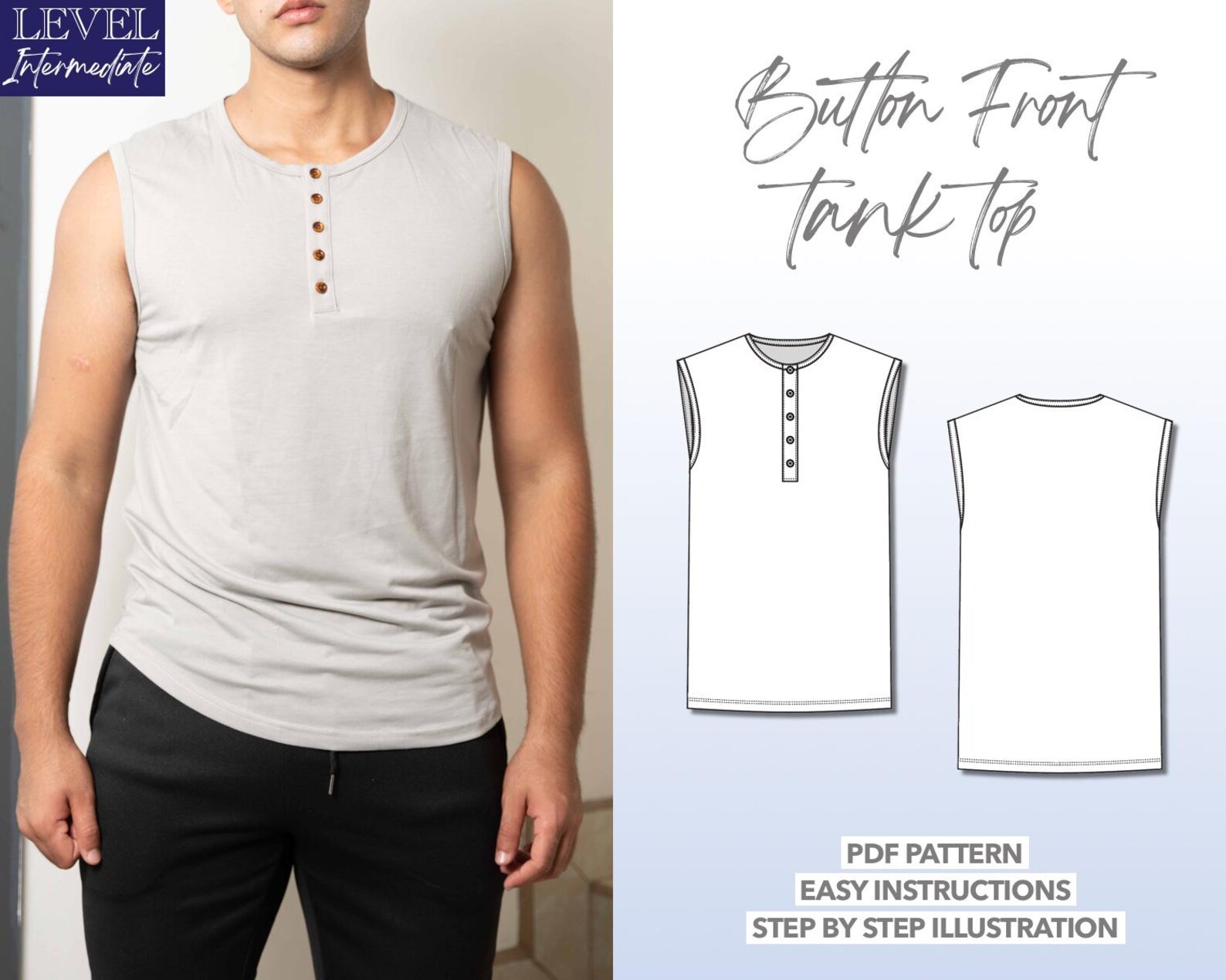 Top Sewing Pattern Button Front Round Neck Tank Top PDF Pattern Mens ...