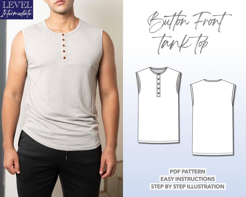 Top Sewing Pattern Button Front Round Neck Tank Top PDF Pattern Mens ...