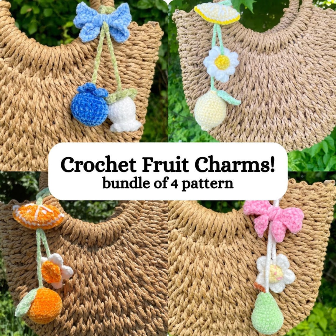 Crochet Pattern: Fruit Charms Bundle of 4| Amigurumi Fruit Car Hangers ...