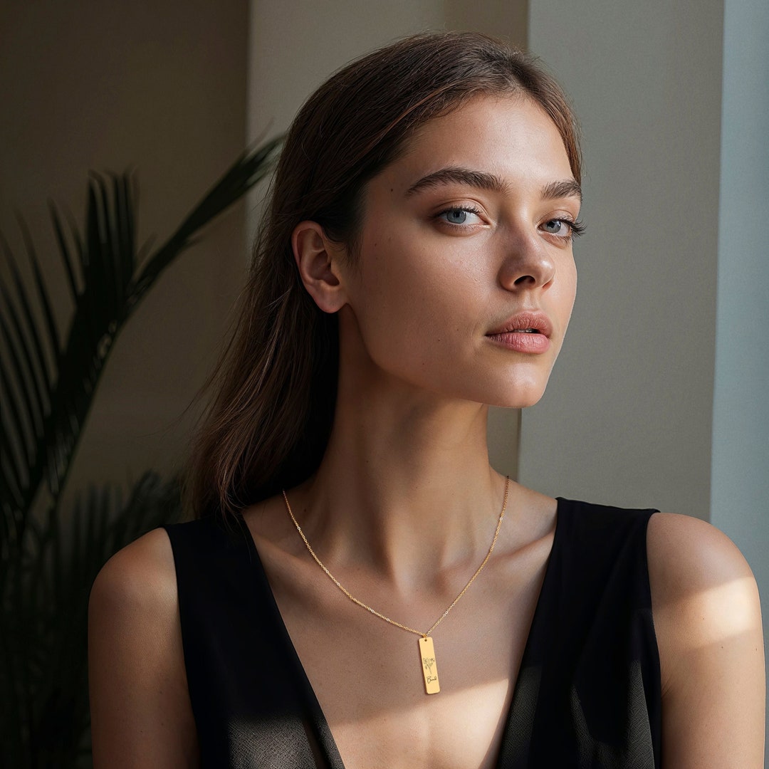 Custom Birth Flower Bar Necklace Minimalist Mom Chain Personalized ...