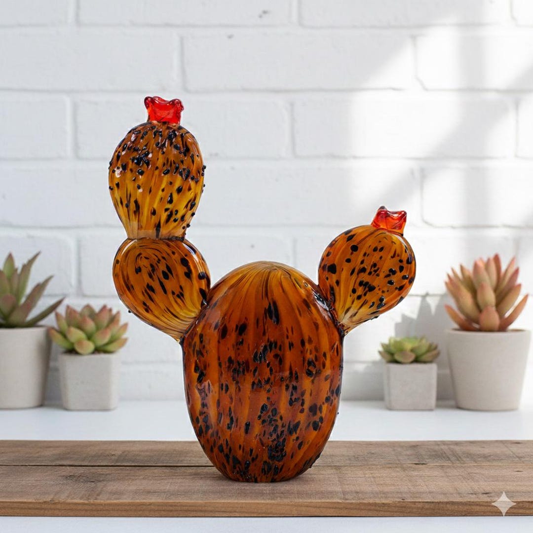 Hand Blown Glass Cactus Sculpture, Amber Prickly Pear Desert Art ...