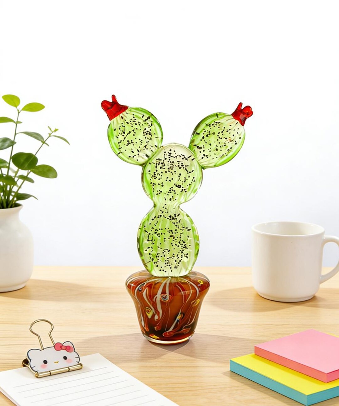 Hand Blown Glass Cactus Figurine, Murano Style Art Glass Sculpture ...