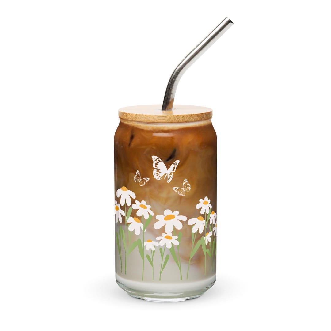 Daisy Butterfly Glass Cup: Iced Coffee Beer Can Glass With Bamboo Lid ...