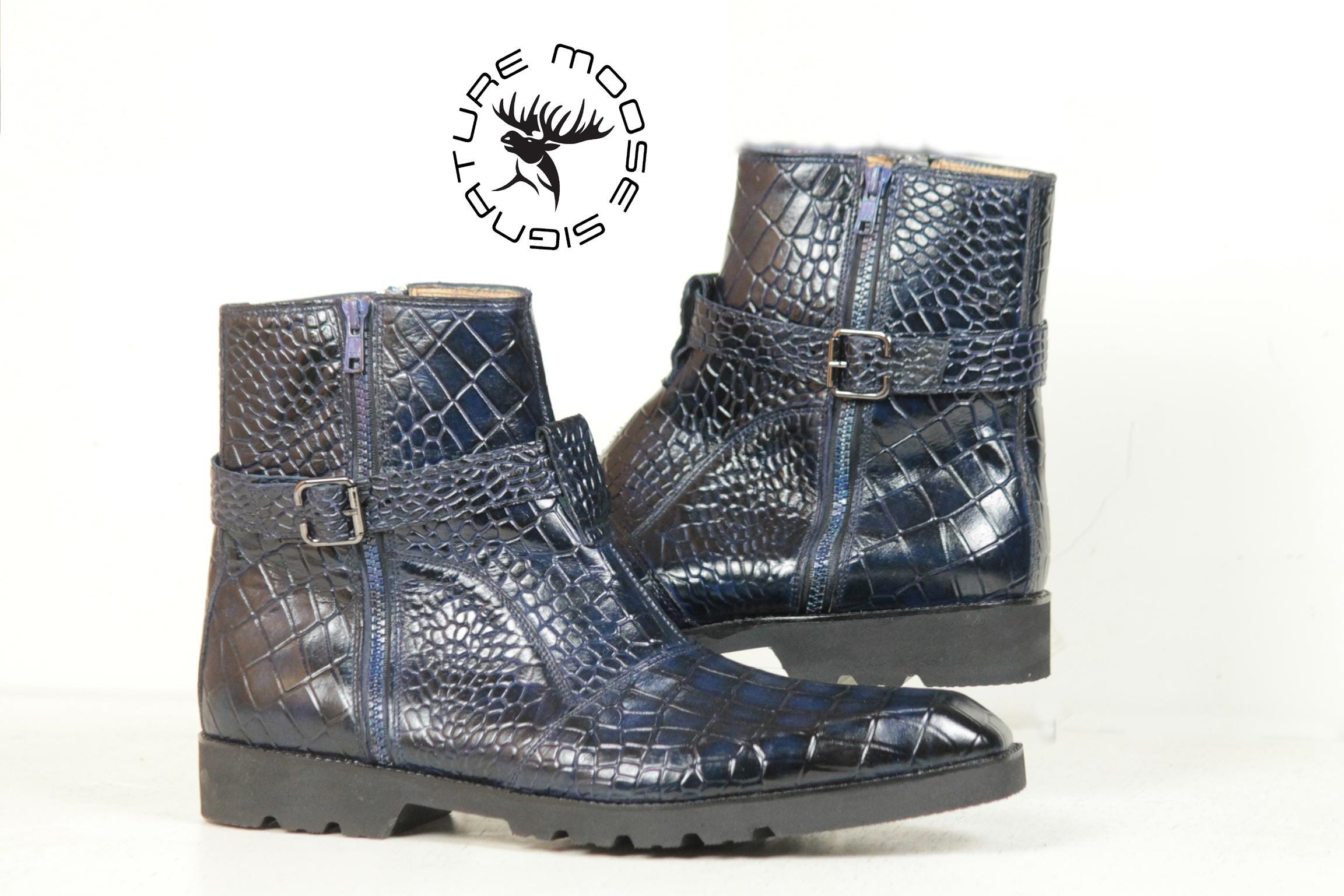 Handmade Navy Blue Color Genuine Alligator Textured Genuine Leather ...