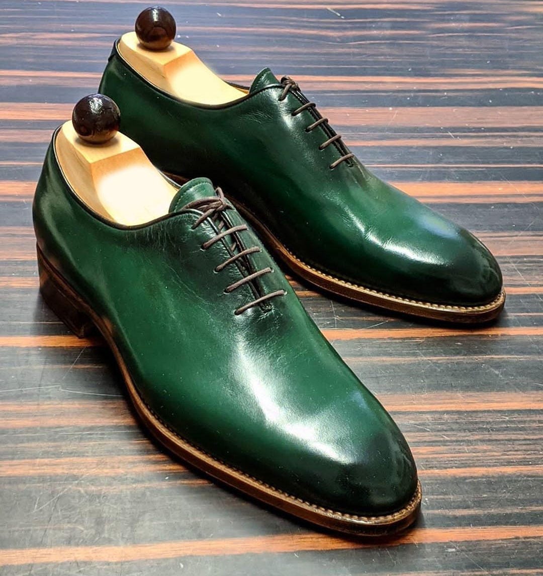 Handmade Green Color Original Calf Leather Whole Cut Stylish Oxfords ...