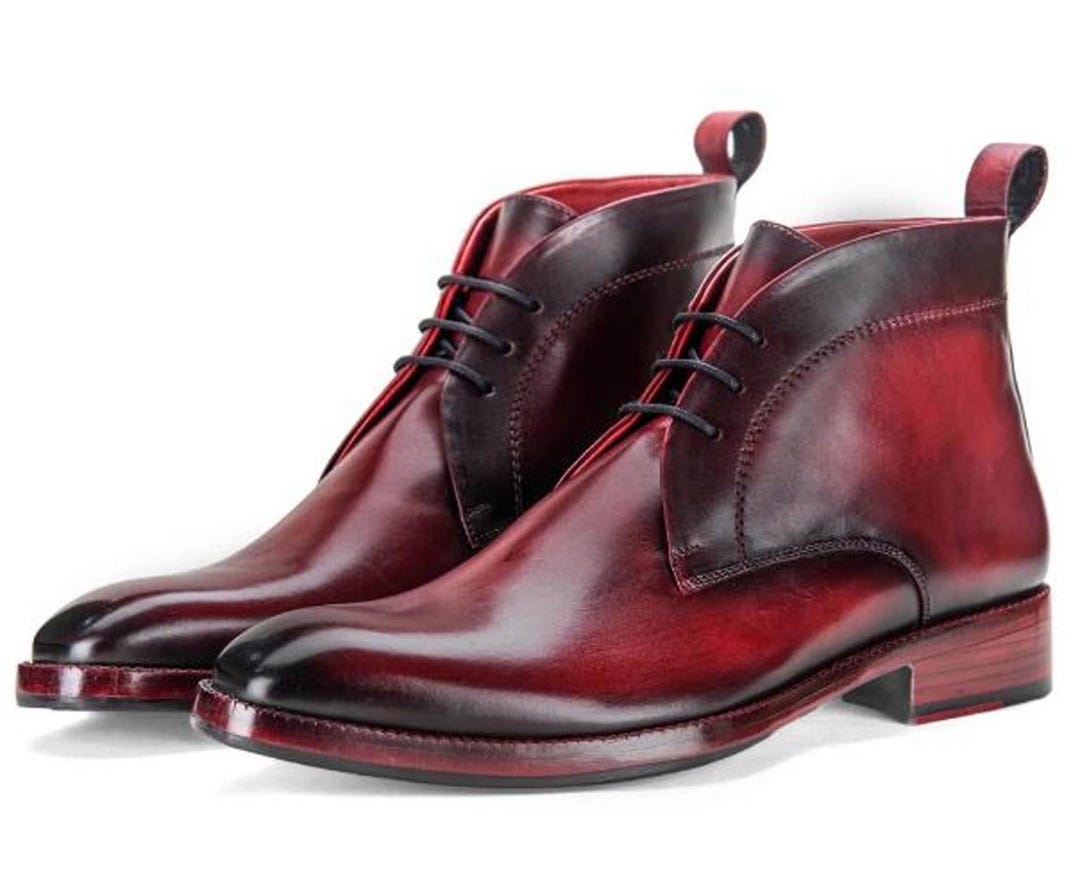 Handmade Wine Red Color Genuine Calf Leather Half Ankle Stylish Lace up ...