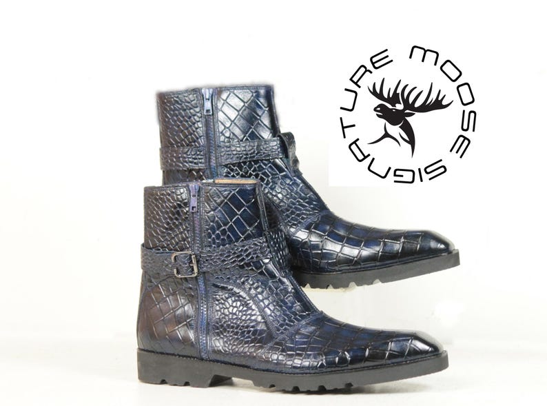 Handmade Navy Blue Color Genuine Alligator Textured Genuine Leather ...