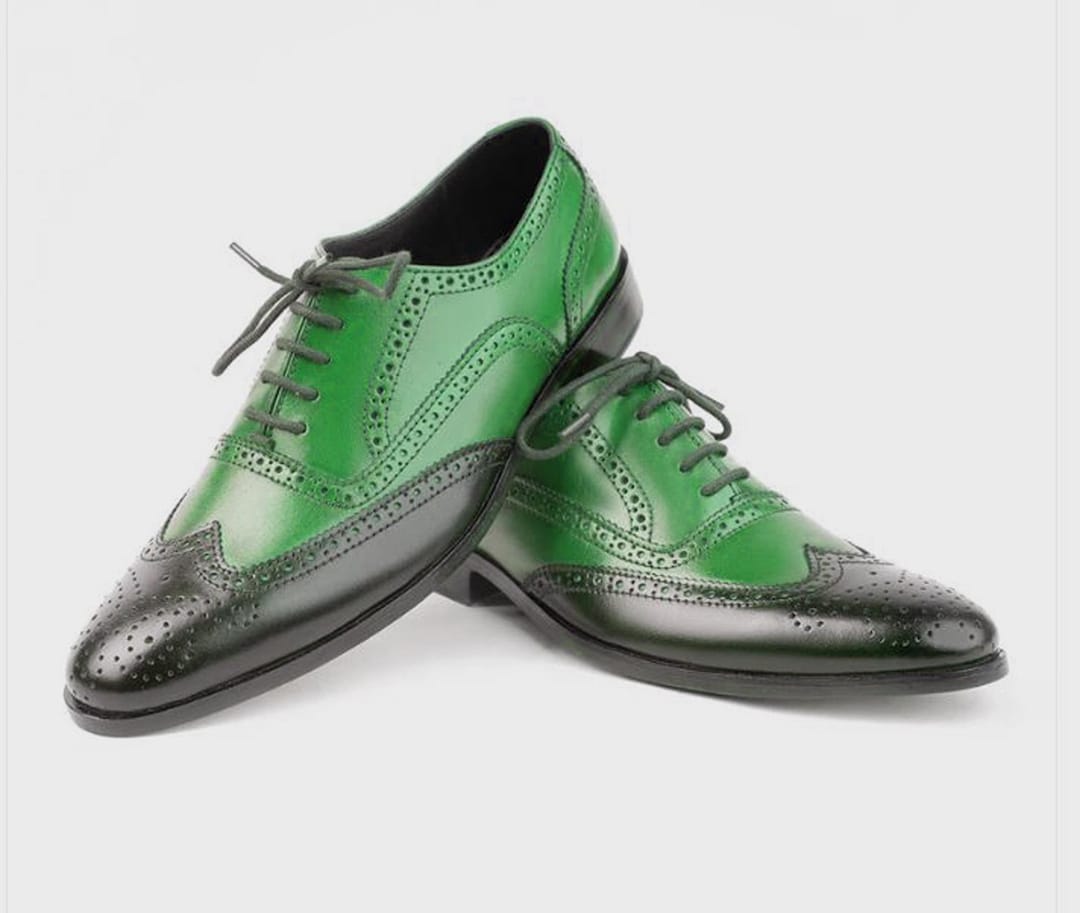 Handmade Black & Green Color Genuine Leather Wing Tip Brogues Stylish ...