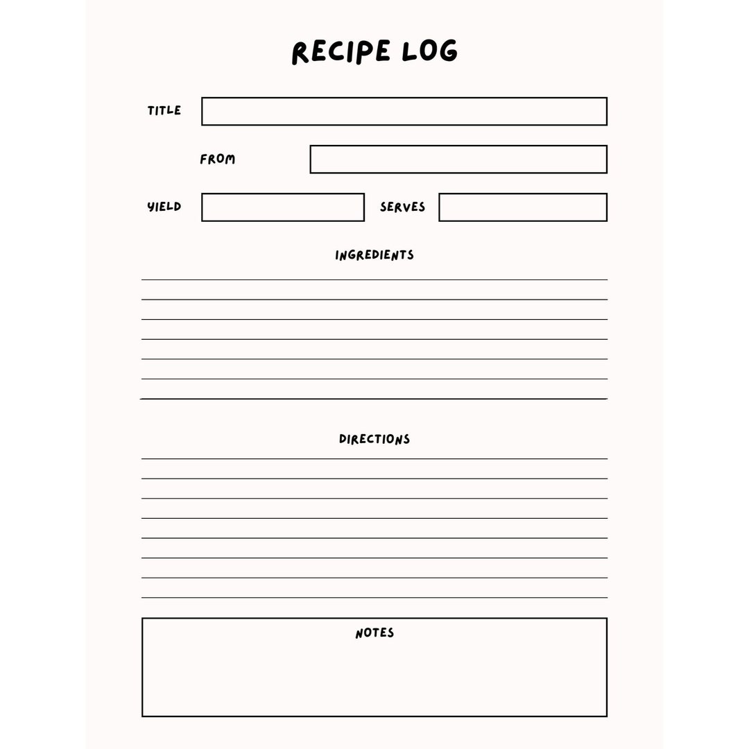 Recipe Log Sheet Template - Etsy