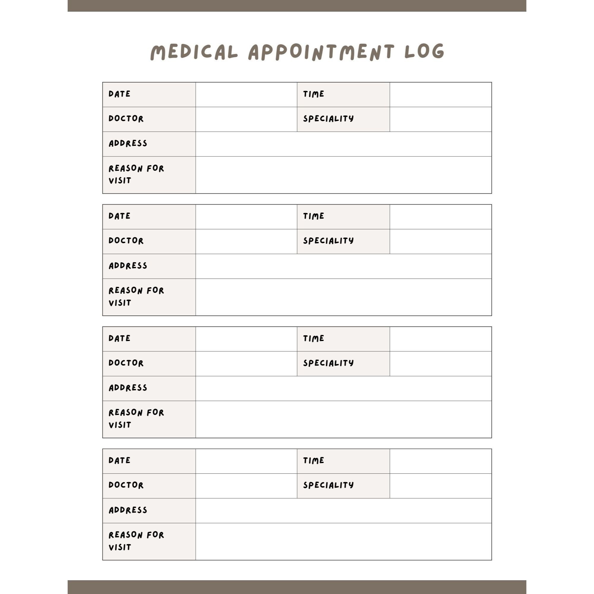 Medical Appointment Log Sheet Template - Etsy