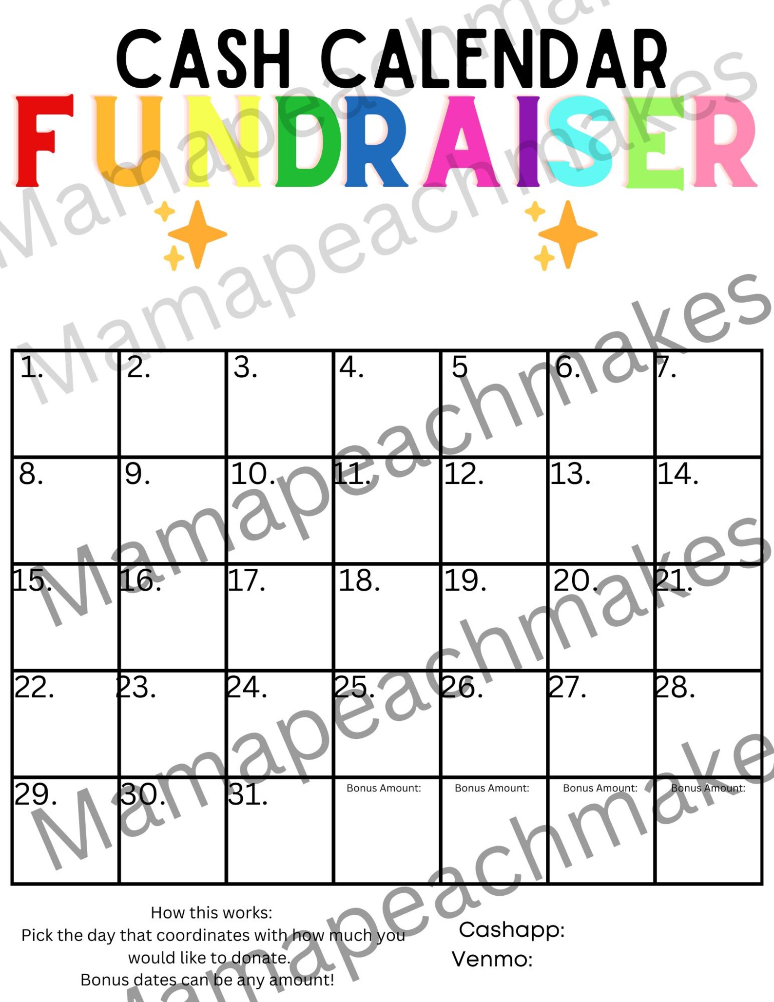 Cash Calendar for Fundraising - Etsy