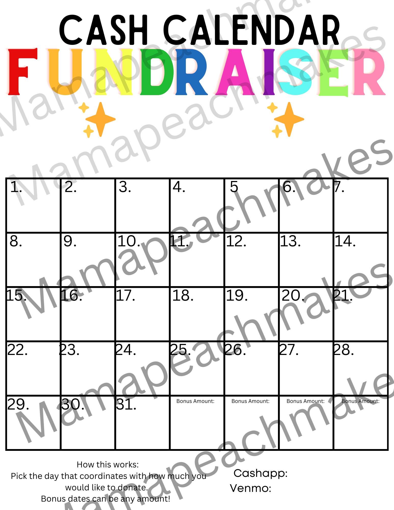 Cash Calendar for Fundraising - Etsy