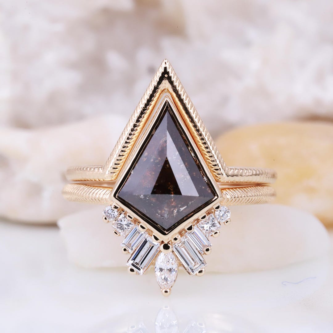Salt and Pepper Diamond Bezel Setting Ring Kite Cut Ring Combo Ring Set ...