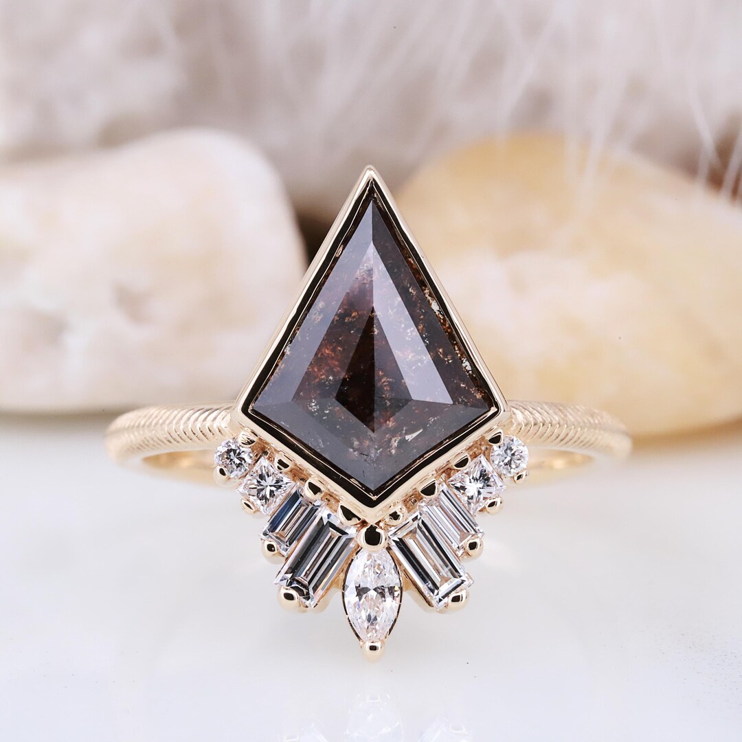 Salt & Pepper Kite Diamond Engagement Ring Set: Modern Bezel Setting - Etsy