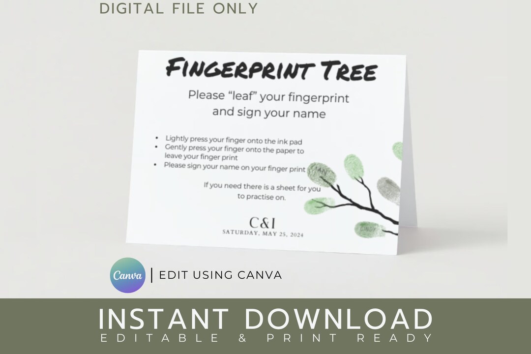 Editable Finger Print Tree Guide Guestbook Thumb Keepsake Poster Sign ...