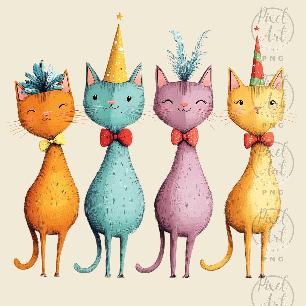 Quirky Cats Dancing Clipart Set Party Cats in Festive Hats Whimsical ...