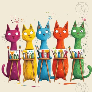 Quirky Artistic Cats Clipart Colorful Cat Illustrations Digital Cat Art ...