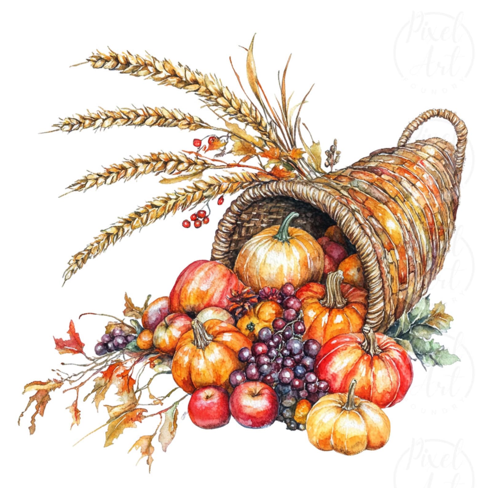 Abundant Fall Cornucopia Clipart, 23 PNG, Watercolor Thanksgiving ...