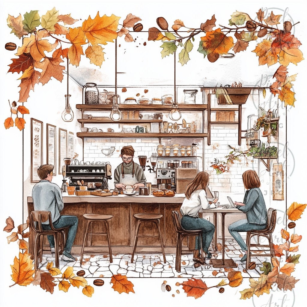 Coffee Shop Fall Scenes Clipart Cozy Autumn Cafe Illustrations Warm ...