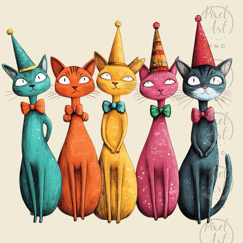 Quirky Cats Dancing Clipart Set Party Cats in Festive Hats Whimsical ...