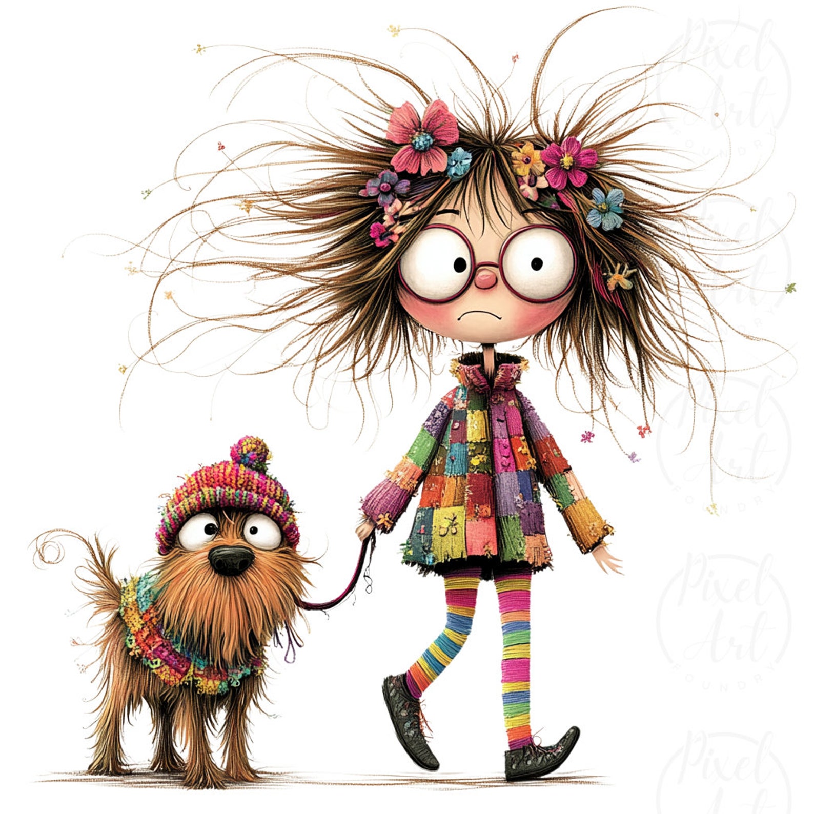 Quirky Girl and Scruffy Dog Clipart: Playful PNG Set - Etsy