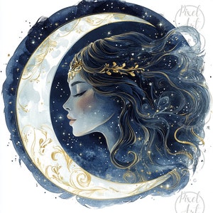 Mystical Half Moon Goddess Clipart Celestial Woman Illustrations Watercolor Art Moon Phases ...