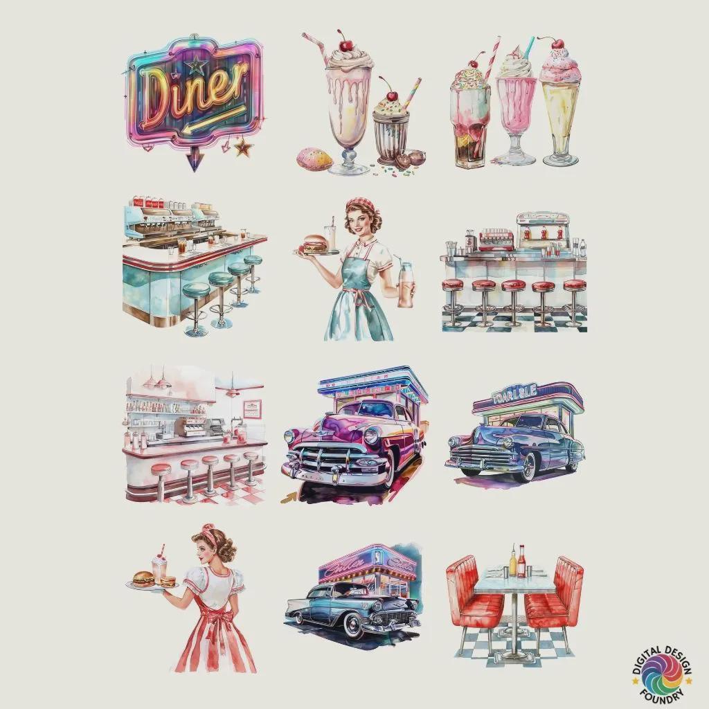 1950s Diner Watercolor Clipart: Retro Food, Cars, Waitresses (65 Pngs ...