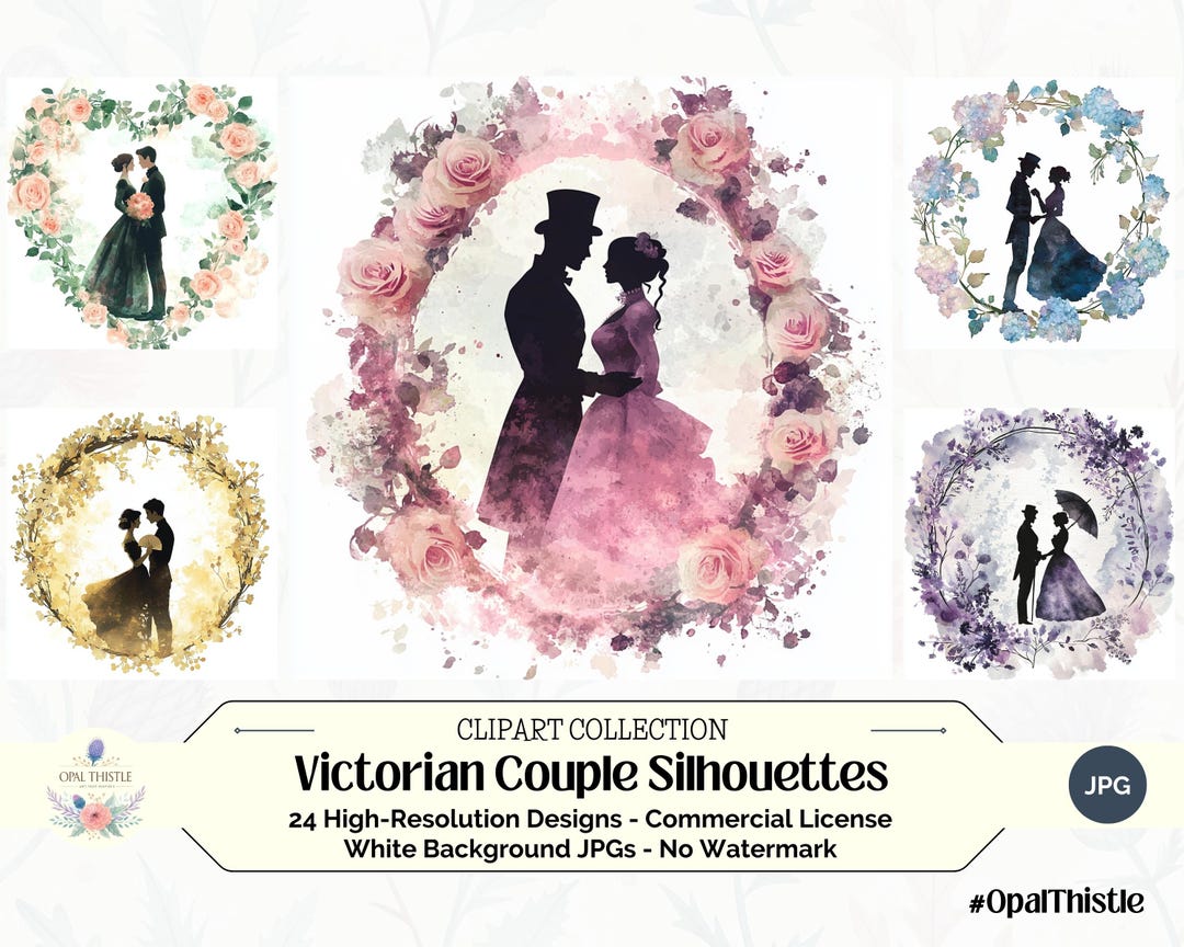 Victorian Couple Clipart Elegant Silhouettes Floral Wreath Designs ...