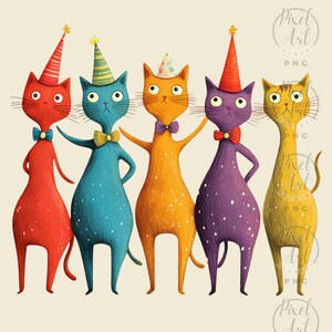Quirky Cats Dancing Clipart Set Party Cats in Festive Hats Whimsical ...
