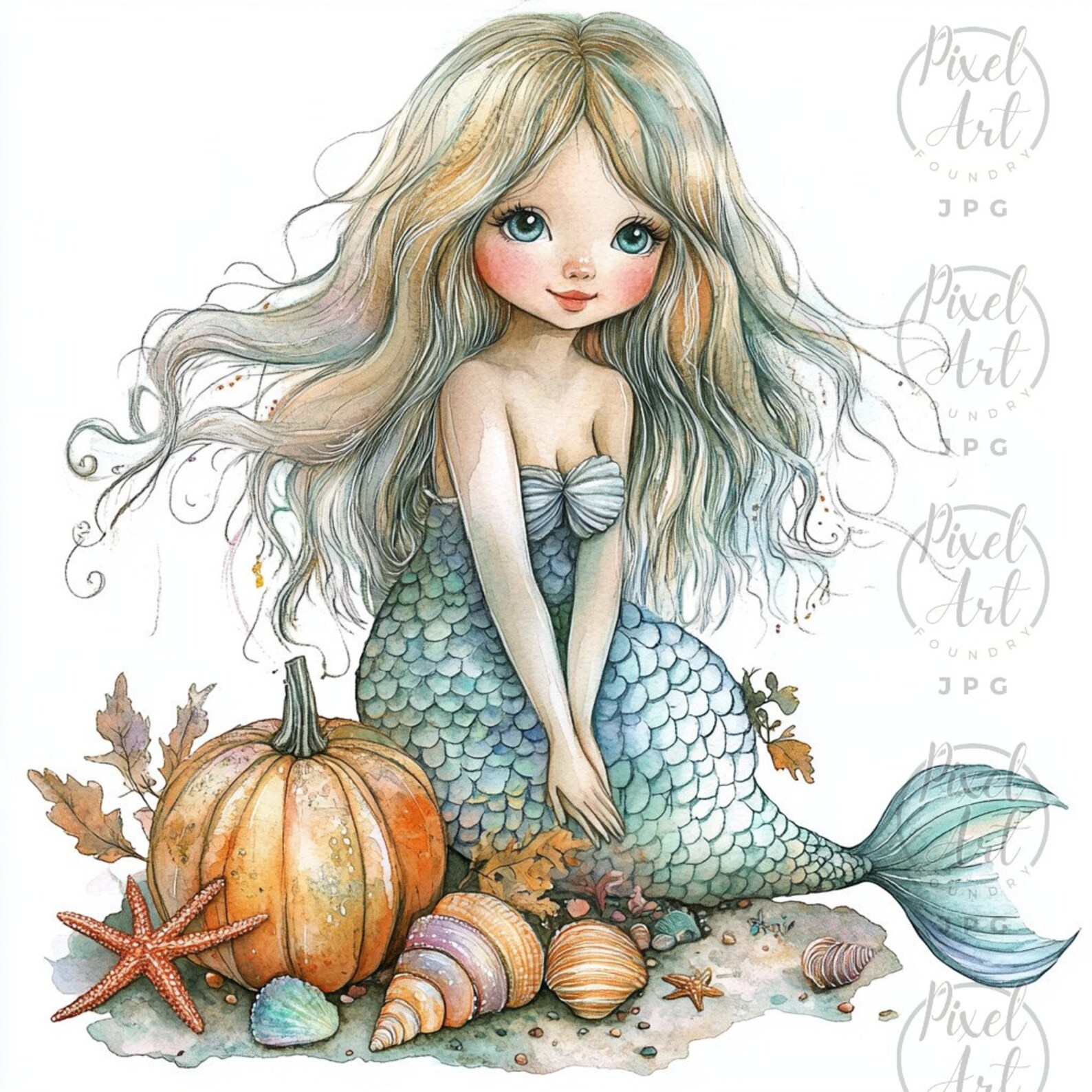 Thanksgiving Mermaid Clipart Cute Watercolor Mermaids With Pumpkins ...