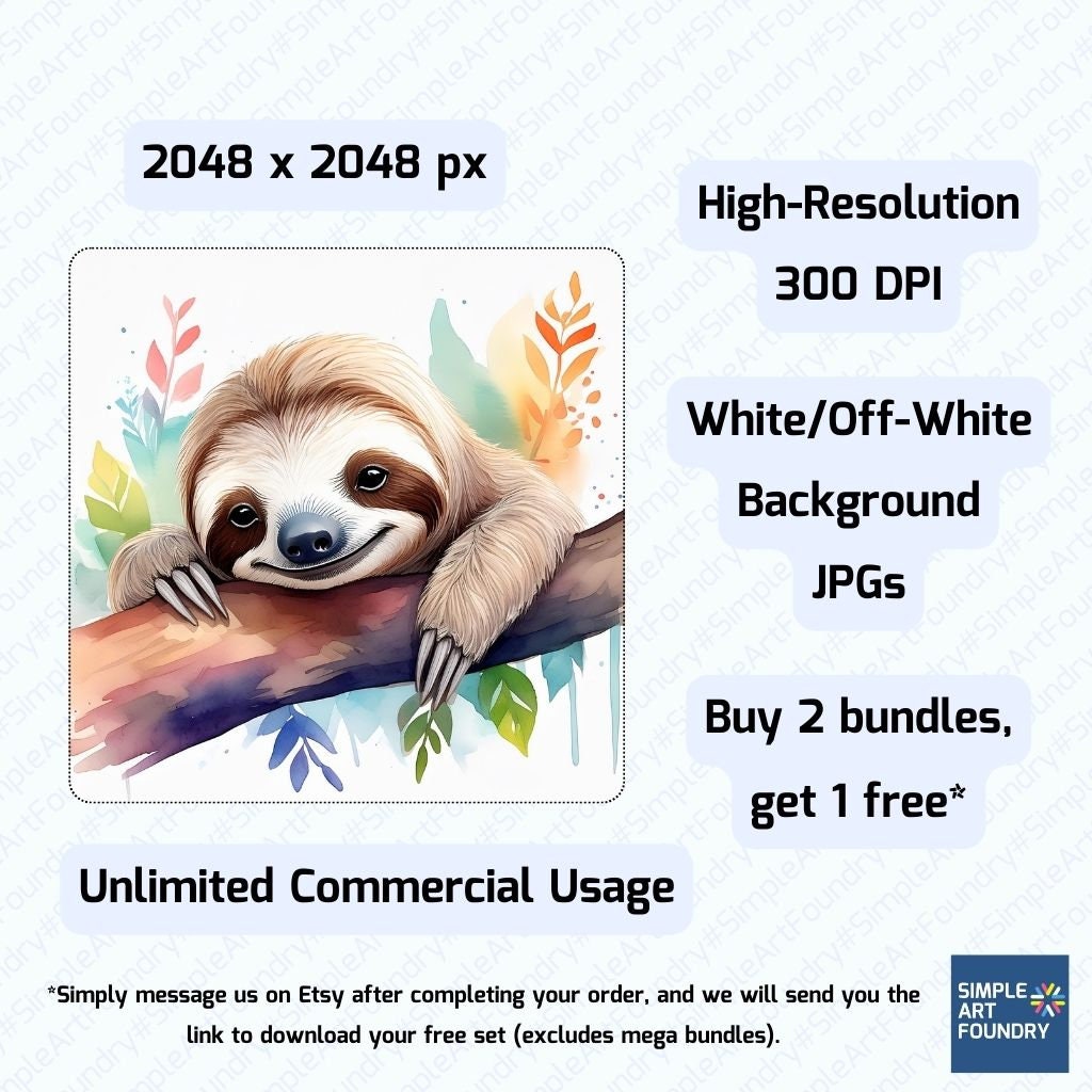 16 Baby Sloth Clipart Cute JPG Sloths Watercolor Animals for ...