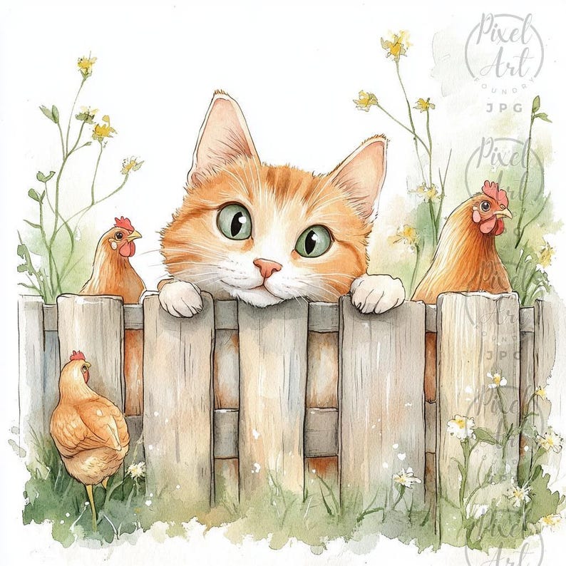 Curious Farm Cats Clipart Rustic Decor Animal Themes for Kids Stories ...