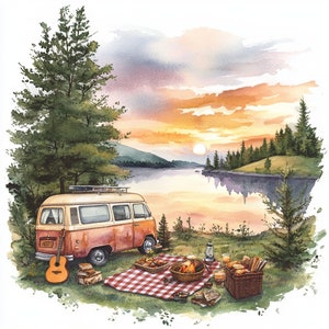 Retro Camping Adventures Clipart Collection Cozy Campfires Scenic Tents ...