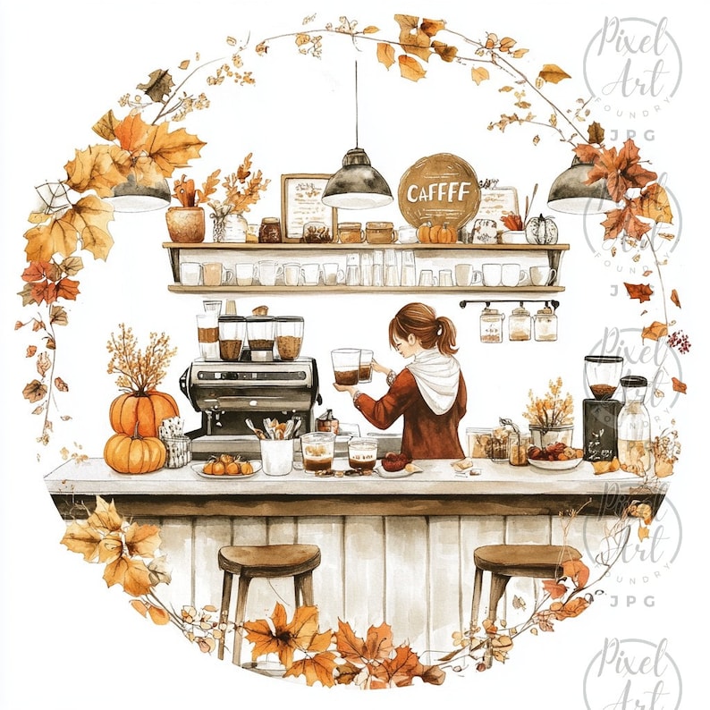 Coffee Shop Fall Scenes Clipart Cozy Autumn Cafe Illustrations Warm ...