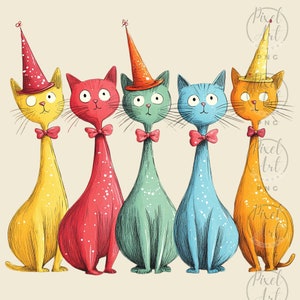 Quirky Cats Dancing Clipart Set Party Cats in Festive Hats Whimsical ...