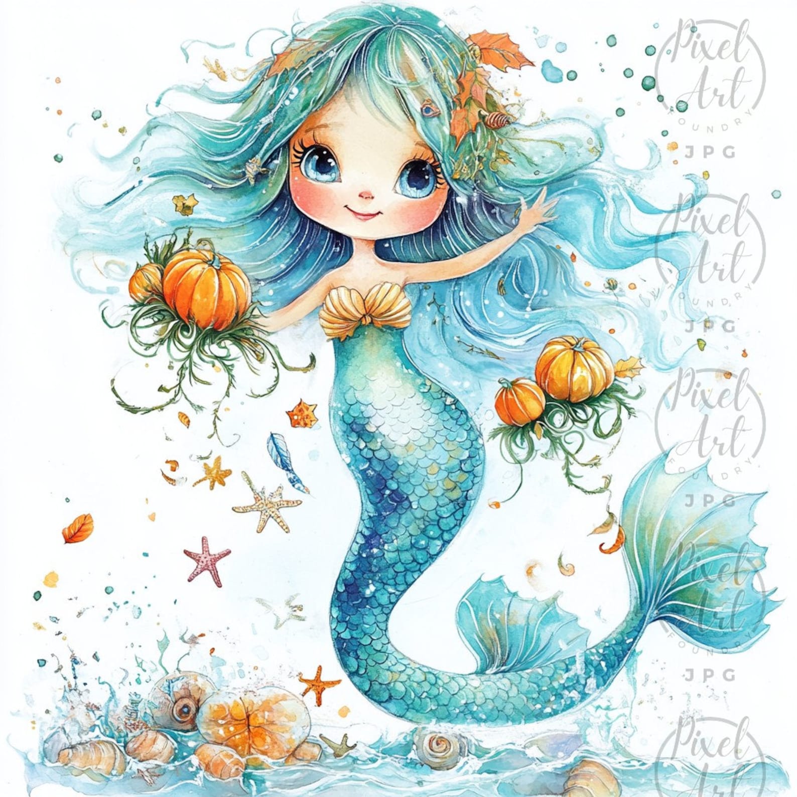 Thanksgiving Mermaid Clipart Cute Watercolor Mermaids With Pumpkins ...