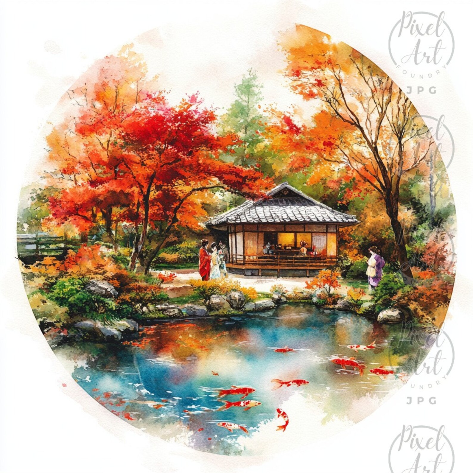 Japan Fall Watercolor Clipart Collection Fall Japan Scenes Traditional ...