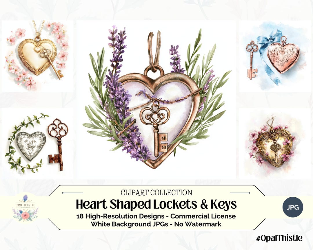 Heart Locket Clipart Antique Keys Vintage Jewelry Charms Watercolor ...