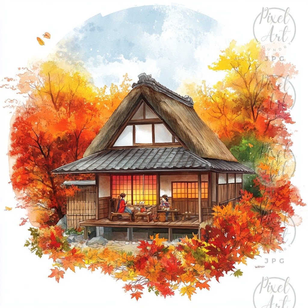 Japan Fall Watercolor Clipart Collection Fall Japan Scenes Traditional ...