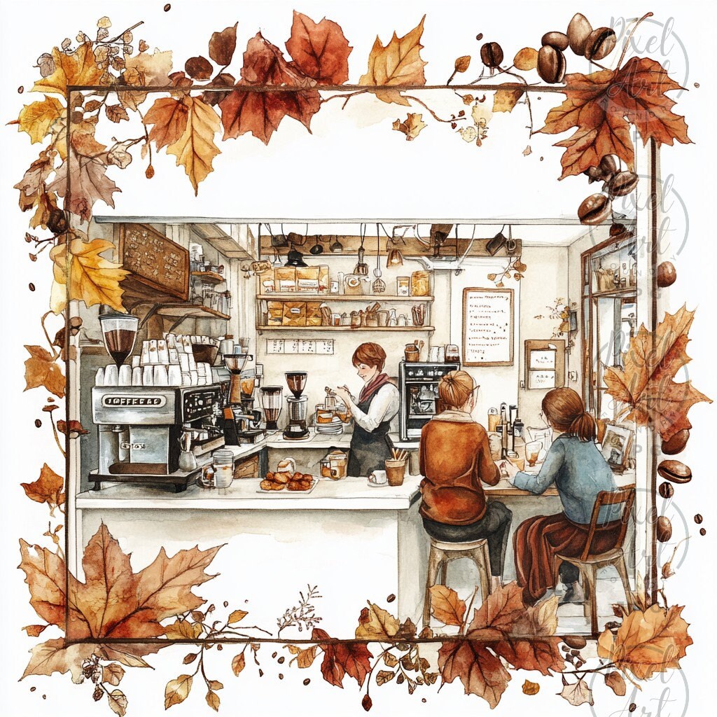 Coffee Shop Fall Scenes Clipart Cozy Autumn Cafe Illustrations Warm ...