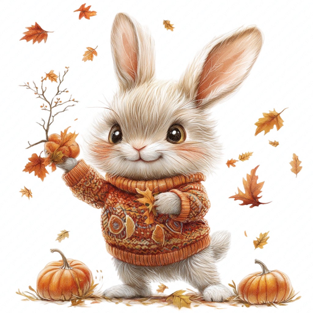 Fall Bunny Clipart Set 28 Pngs Cozy Sweaters & Autumn Leaves Cute ...