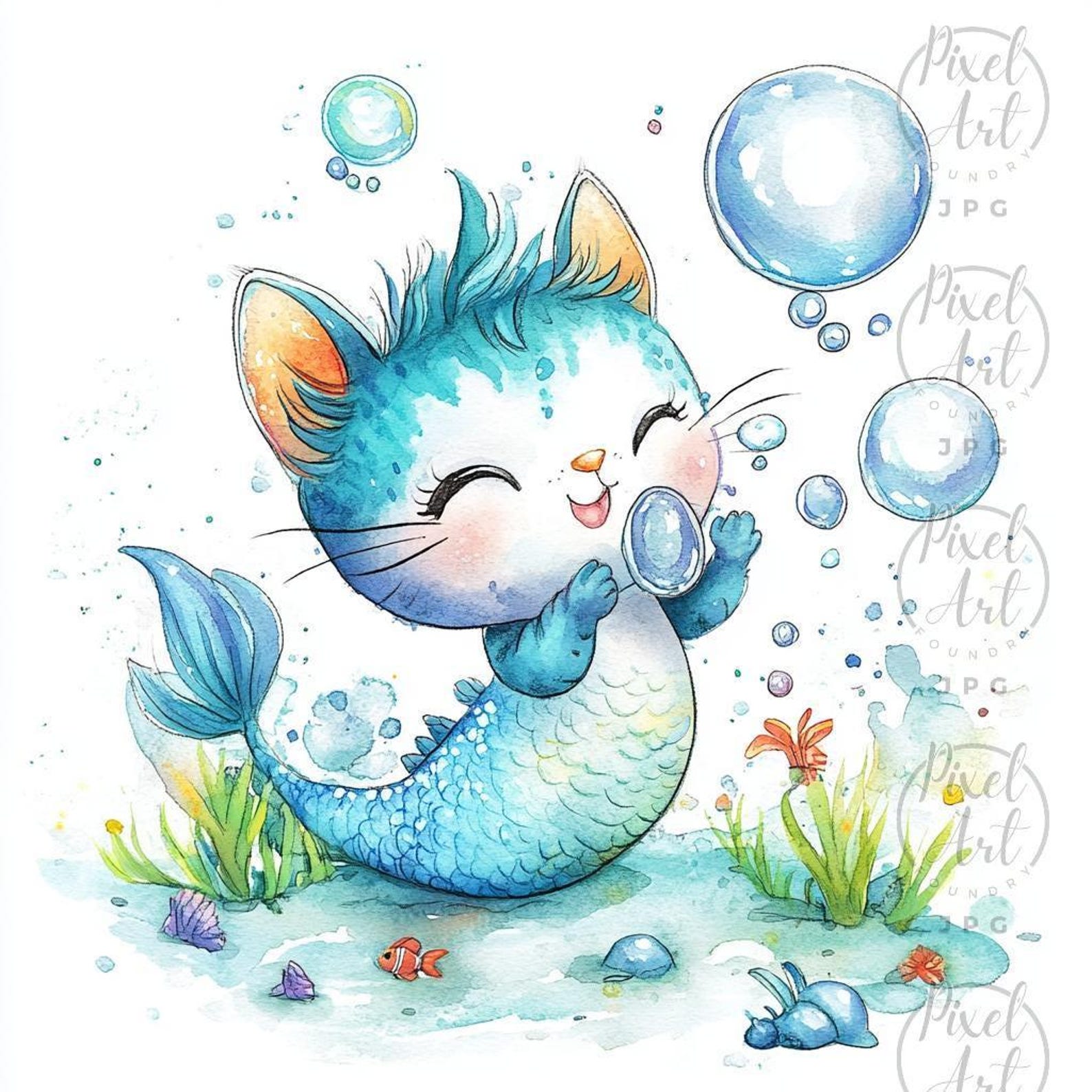 Purrmaid Cat Clipart Ocean Themed Digital Art Underwater Whimsical ...