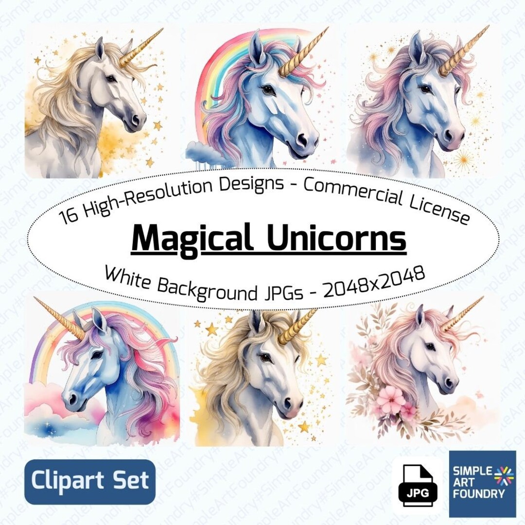 16 Magical Unicorn Clipart | Watercolor JPG | Whimsical Art for ...