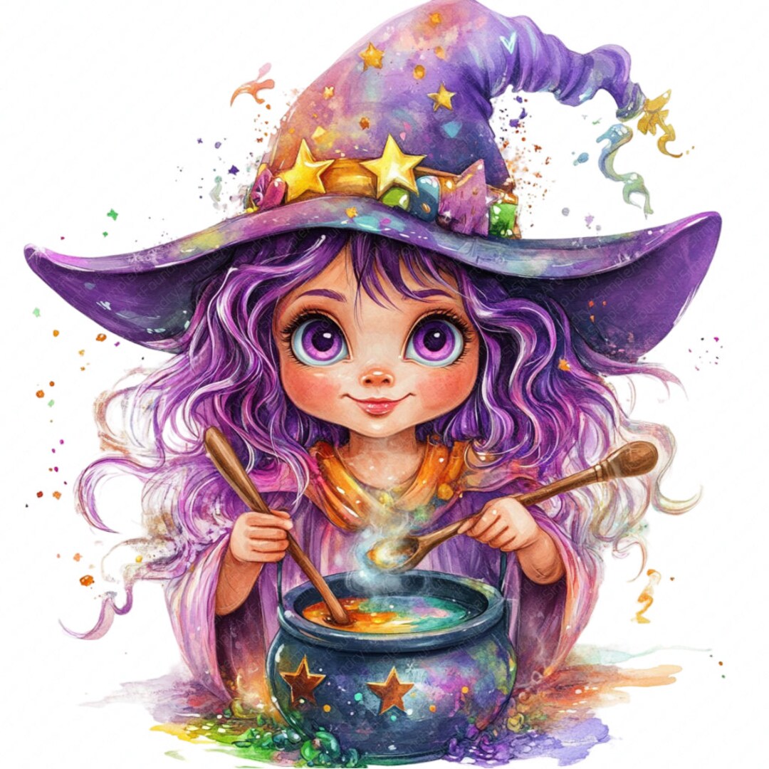 Whimsical Halloween Witch Clipart Set – 21 Cute Purple-haired Witch ...