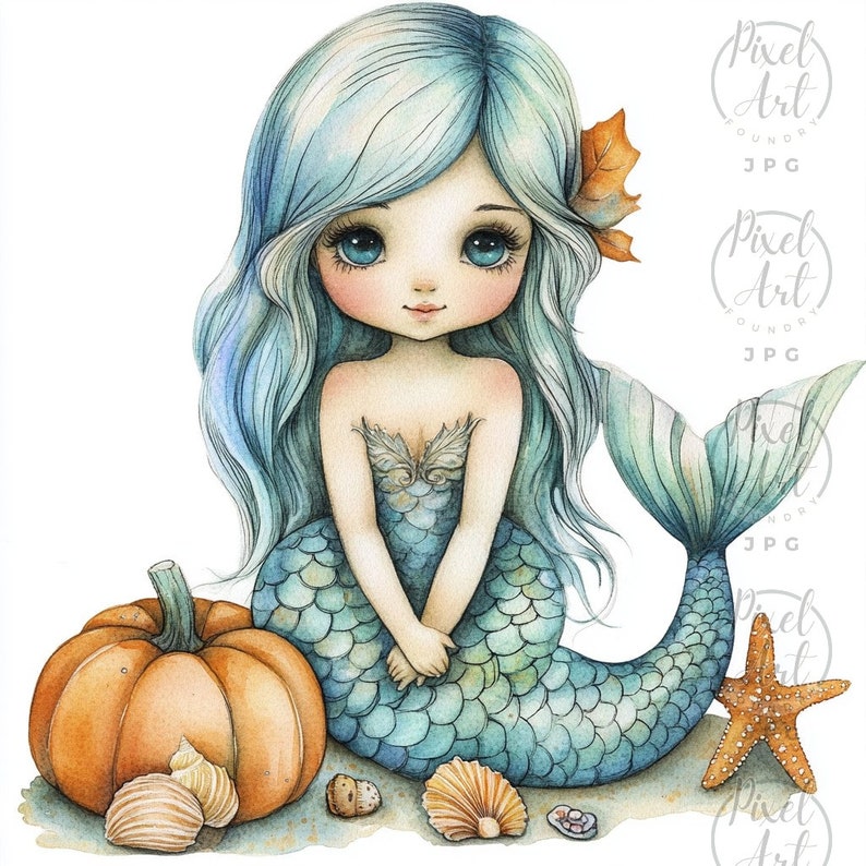 Thanksgiving Mermaid Clipart Cute Watercolor Mermaids With Pumpkins ...
