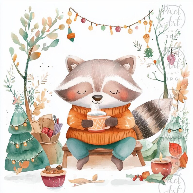 Cozy Woodland Animal Clipart Winter Cabin JPG 20pcs Raccoon Fox ...